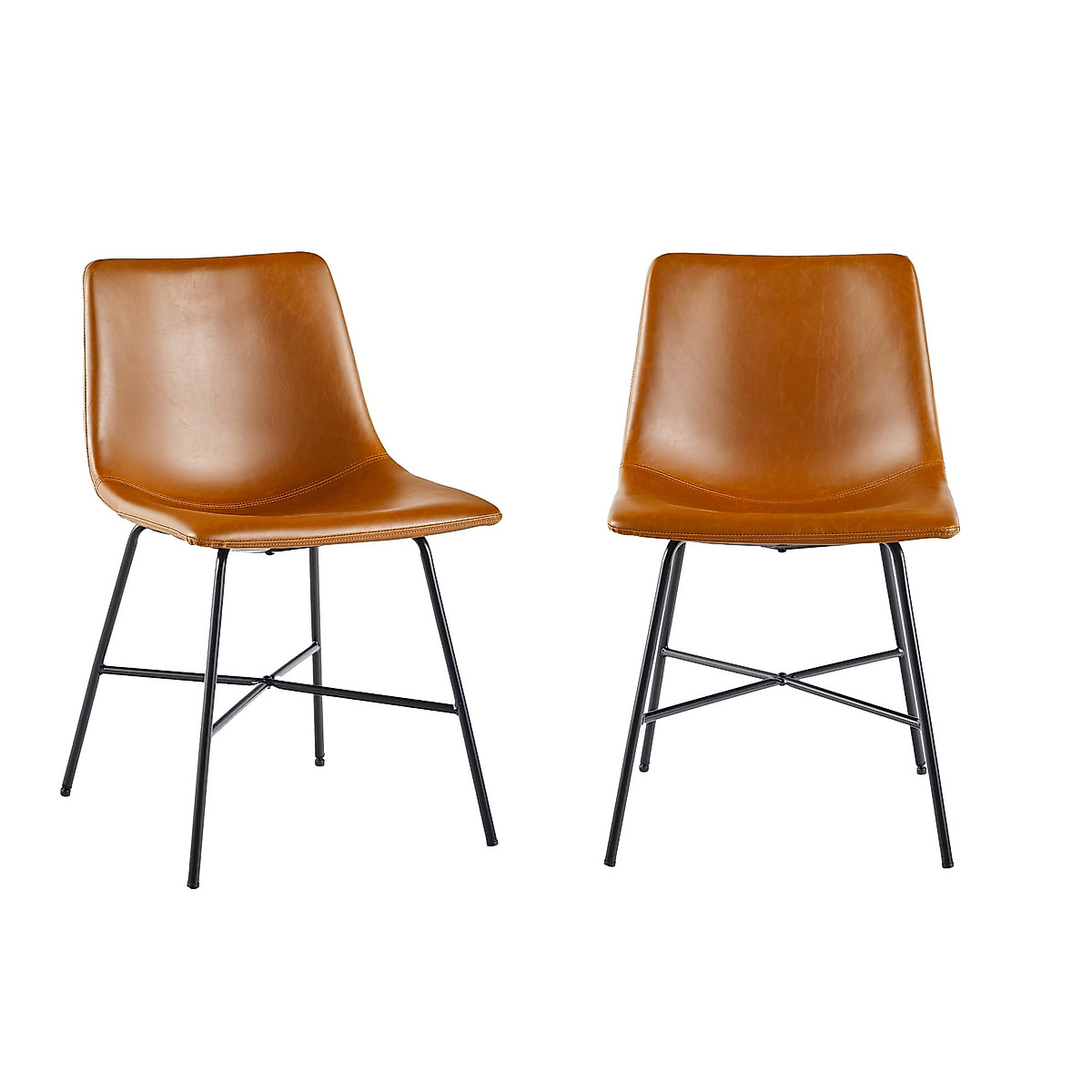 Walker Edison Mid-Century Modern Upholstered Dining Chair with Metal X Base, Set of 2, Whiskey Brown