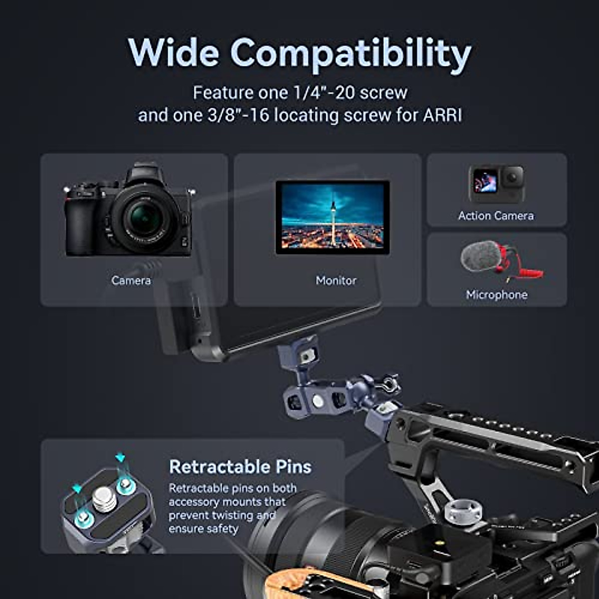 SmallRig Articulating Magic Arm with 3/8"-16 Locating Screw for ARRI and 1/4"-20 Screw (with Retractable Pins), 360 Degree Rotation, Max Load of 12 Ib Magic Arm for Monitor, Camera, and Lights 3874