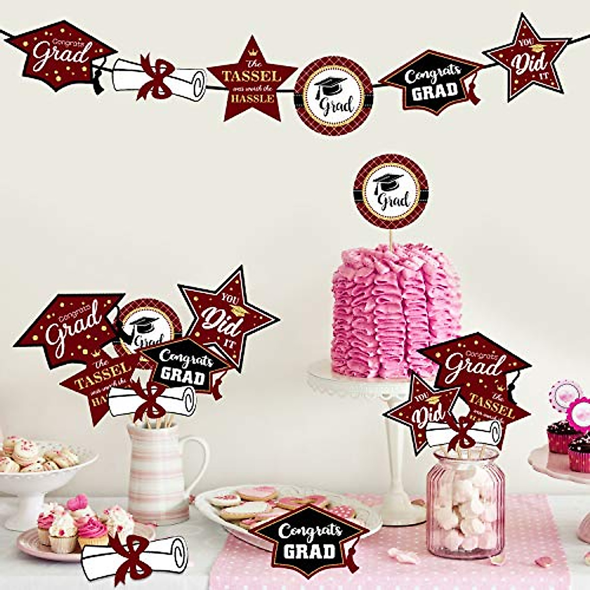 Graduation Cutouts 36 Pack 2023 Graduation Party Decorations Congrats Grad Cap Shaped DIY Cut-Outs (Maroon)