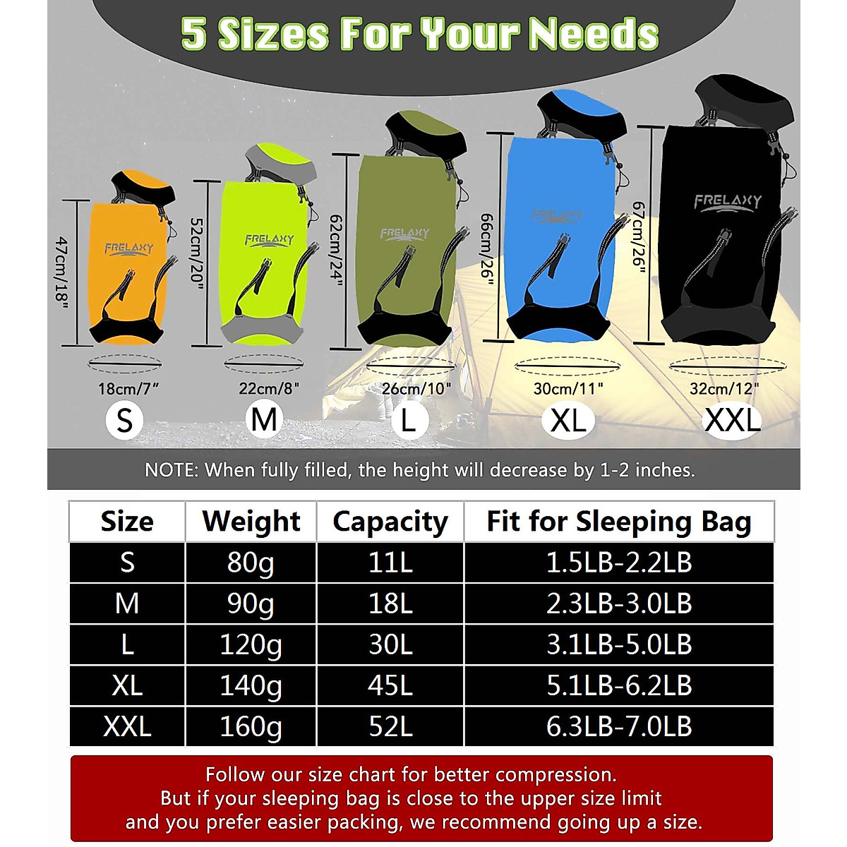 Frelaxy Compression Sack, 40% More Storage! 11L/18L/30L/45L Compression Stuff Sack, Water-Resistant & Ultralight Sleeping Bag Stuff Sack - Space Saving Gear for Camping, Traveling, Backpacking