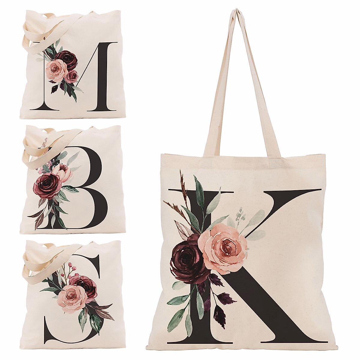 Floral Canvas Bags Gifts for Bridesmaid - Initial Tote Wedding Bag for Bridal Shower - Engagement Shoulder Totes Bags for Women - Bachelorette Party Gift for Girl - 15"x16" Large Bag C2 (Initial #K)