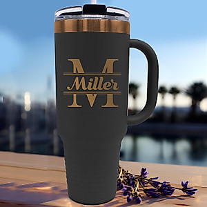 Custom Monogrammed 40 oz Tumbler with Handle, Lid and Straw - Personalized Insulated Stainless Steel Large Cup (Black with Gold)