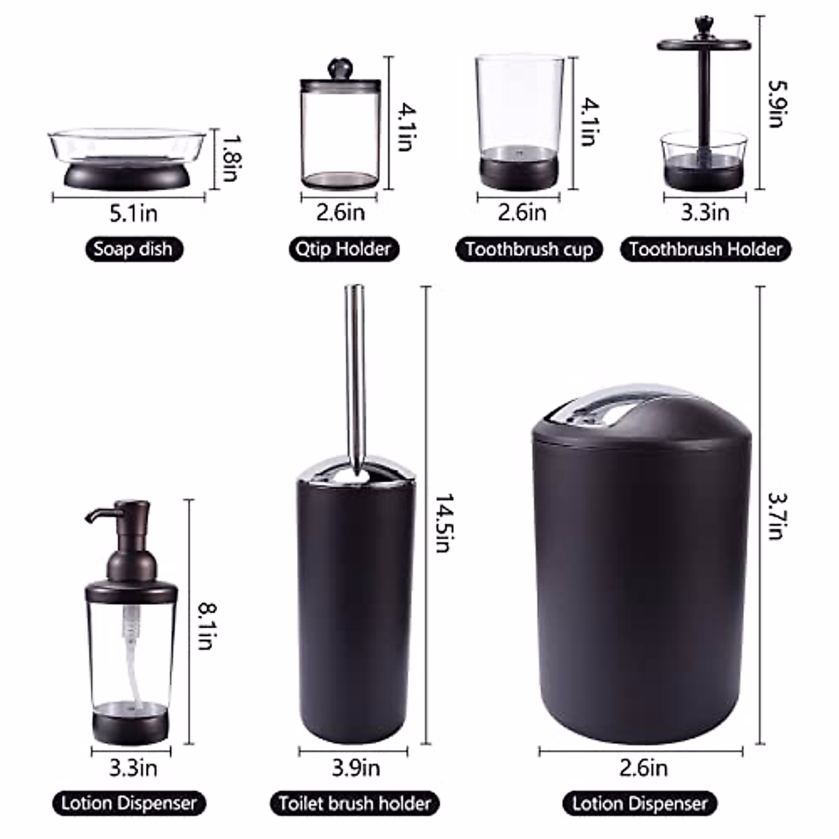SLDIYWOW Bathroom Accessories Set, 8-Piece Plastic Gift Set with Toothbrush Holder, Toothbrush Cup, Soap Dispenser, Soap Dish, Toilet Brush Holder, Trash Can and Qtip Holders (Bronze)