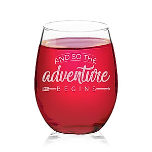 Veracco And So The Adventure Begins Stemless Wine Glass Funny BirthdayGift For Someone Who Loves Drinking Bachelor Party Favors (Clear, Glass)