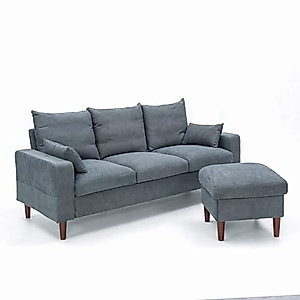 Panana 3-Seat Sofa Couch with Reversible Back Cushions Modern Fabric Sofa 3 Seater Couch for Small Apartment (Grey, 3 Seater with Ottoman Stool)