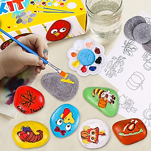 Fall/Thanksgiving Rock Painting Kit - Arts and Crafts for Kids Ages 8-12 - includes DIY Stones, Water Paint, Tattoos, Party Favors/Birthday Gifts/Toys/Creativity Classroom Activity for Girls Boys