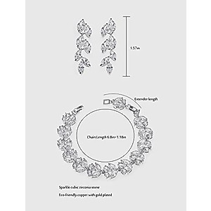 UDYLGOON UDORA Cubic Zirconia Leafs Earrings Bracelet Jewelry Set For Bridal Bridesmaid Wedding Prom (White Gold)
