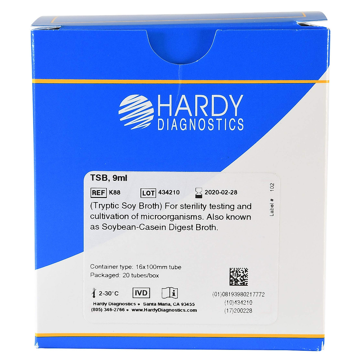 Tryptic Soy Broth (TSB), a General Growth Medium, 9 Milliliter Fill, 16x100mm Tube, Order by The Package of 20, by Hardy Diagnostics