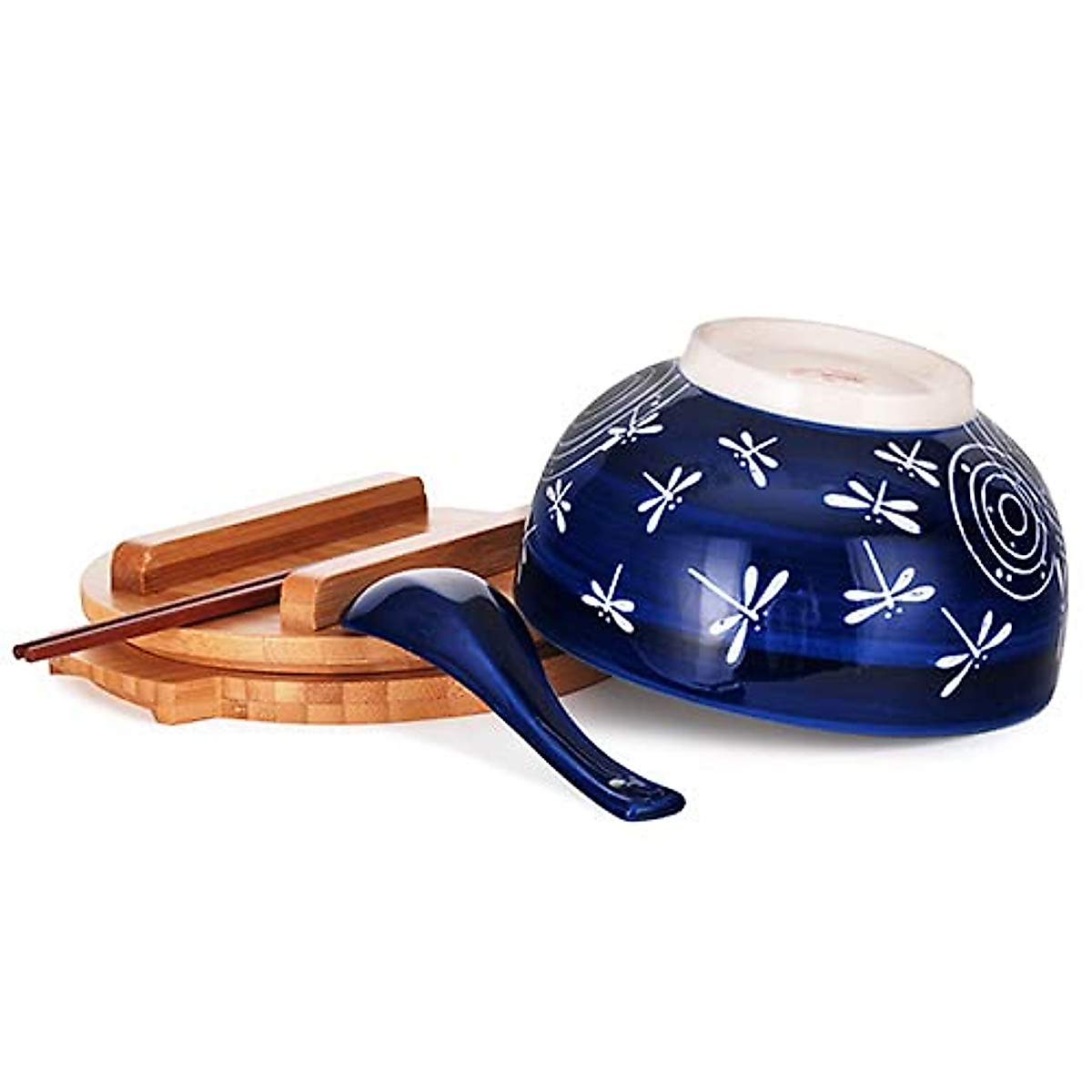 Ceramic Japanese Bowl with Soup Spoon, Noodle Chopsticks, Bamboo Lid and Trivet, Vintage Inspired Kitchenware, 5 Piece Set