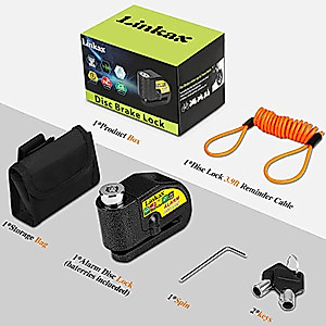 Linkax Motorcycle Alarm Disc Brake Lock, Accesorios para Motos, Motorcycle Locks Anti-Theft Security Wheel Lock 110dB 7mm Pin with Reminder Cable and Carry Pouch for Motorbike Dirt Bike Scooter