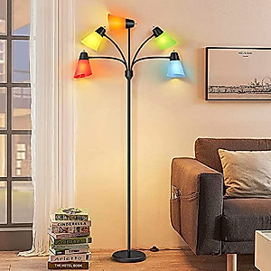 FOLKSMATE LED Floor Lamp, Medusa Multi Head Modern Tall Standing Lamps, Rustic Adjustable Gooseneck Reading Floor Light for Living Room, Bedroom, Kids Room, 5 White & 5 Colored Lamp Shades, Black