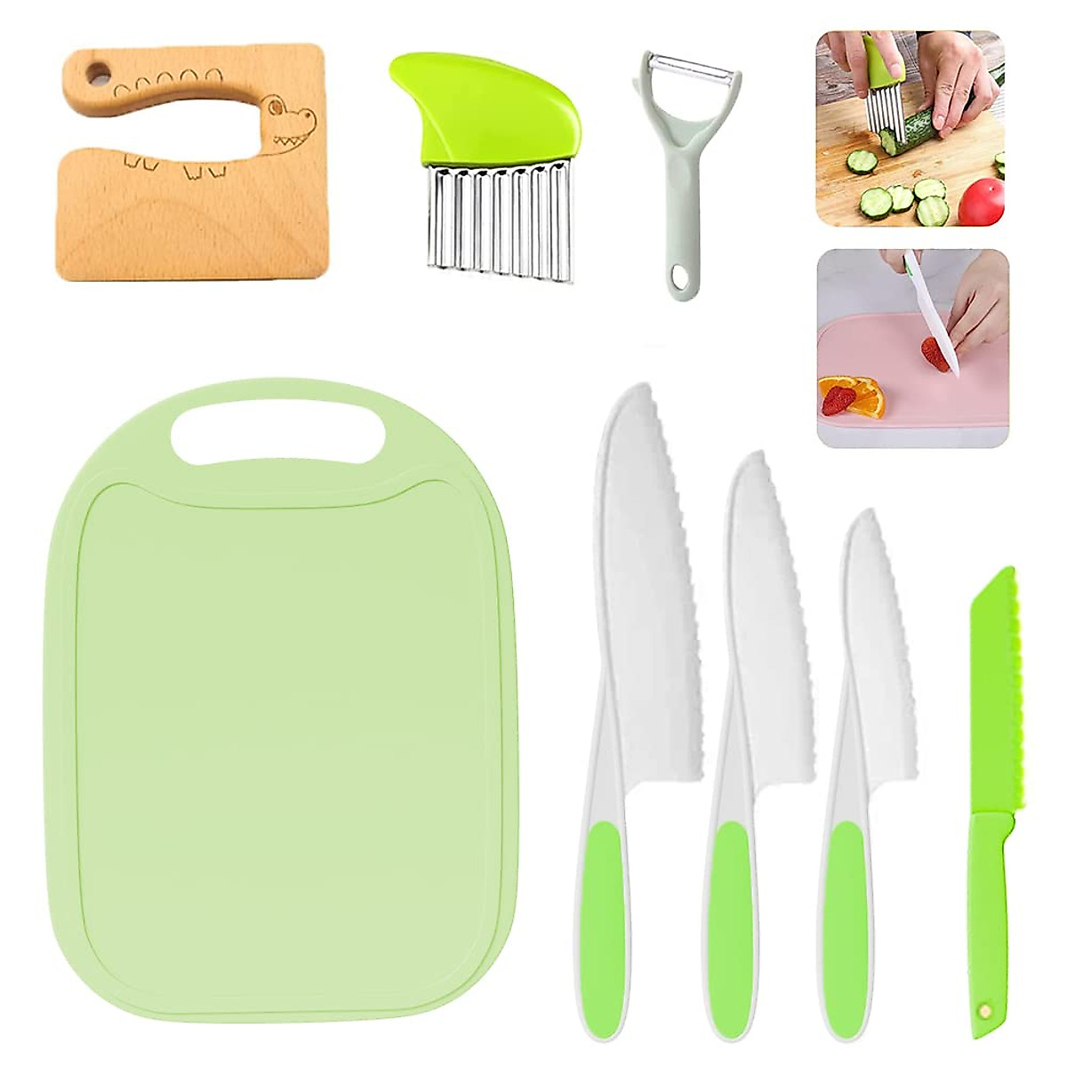 Alrens Kid Safe Knives, 8 Pcs Toddler Knife Set Include Crocodile Wooden Knife for Kids, Serrated Edges Plastic Toddler Knife, Potato Peeler, Cutting Board, Knives Set for Kids Learning