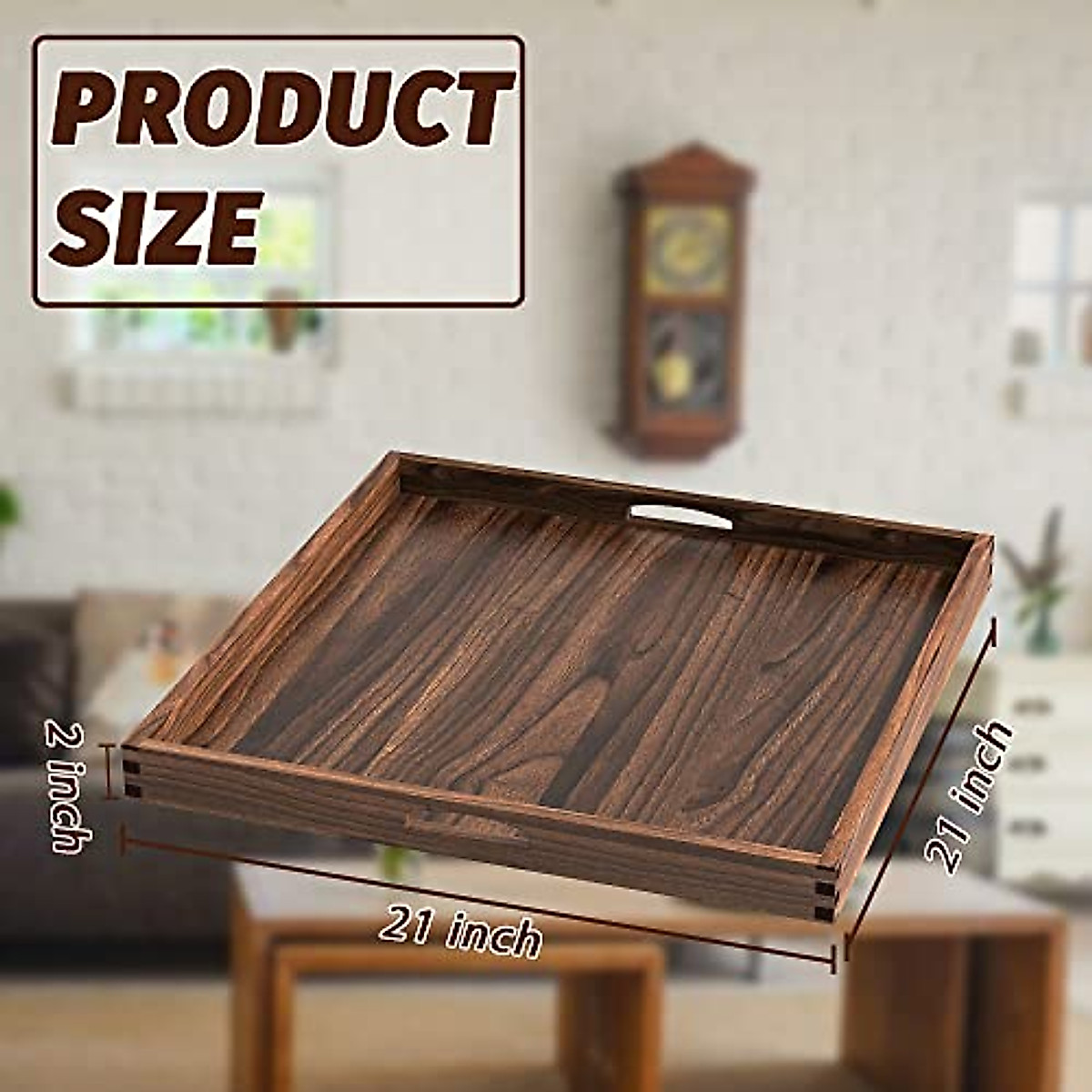 EXISTING 21x21 Inch Tray for Ottoman, Serving Tray with Handles, Square Walnut Platter Decorative Wooden Tray for Breakfast in Bed, Lunch, Dinner, Living Room, Tea, Coffee Table, Party