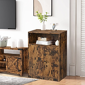TINKLE WELL Industrial Storage Floor Cabinet, Wood Sideboard with Door and 2-Tier Adjustable Shelf, Organizer for Kitchen, Living Room, Rustic Brown