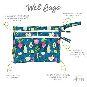 BapronBaby Organic Produce Wet Dry Bag - Waterproof Two Zipper Pockets - Reusable for Mealtime, Diapers, Stroller, Snacks, Swimsuits - Machine Washable - 11" x 9"