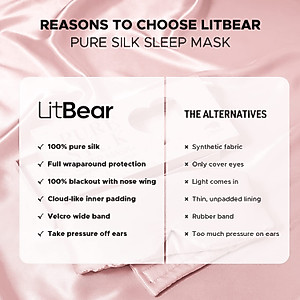LitBear Silk Sleep Mask for Side Sleeper, Eye Mask Sleeping for Women Men 100% 22 Momme Pure Mulberry Silk, Face-Hugging Padded Silk Eye Cover for Sleeping with Adjustable Band (Pink)