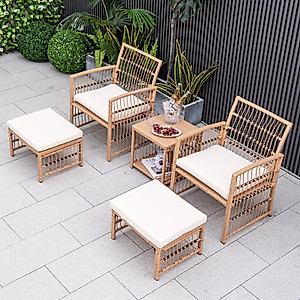 Tangkula 5 Piece Patio Wicker Sofa Set, Outdoor Rattan Conversation Set with Seat Cushions, 2-Tier Coffee Table & 2 Ottomans, Wicker Sofa Set for Backyard, Poolside (Natural)