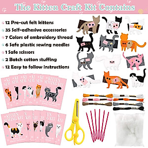 CiyvoLyeen Kitten Craft Kit Kids DIY Crafting and Sewing Set Kitty Cat Stuffed Animal Felt Plushies for Girls and Boys Educational Beginners Sewing Gift Ideas