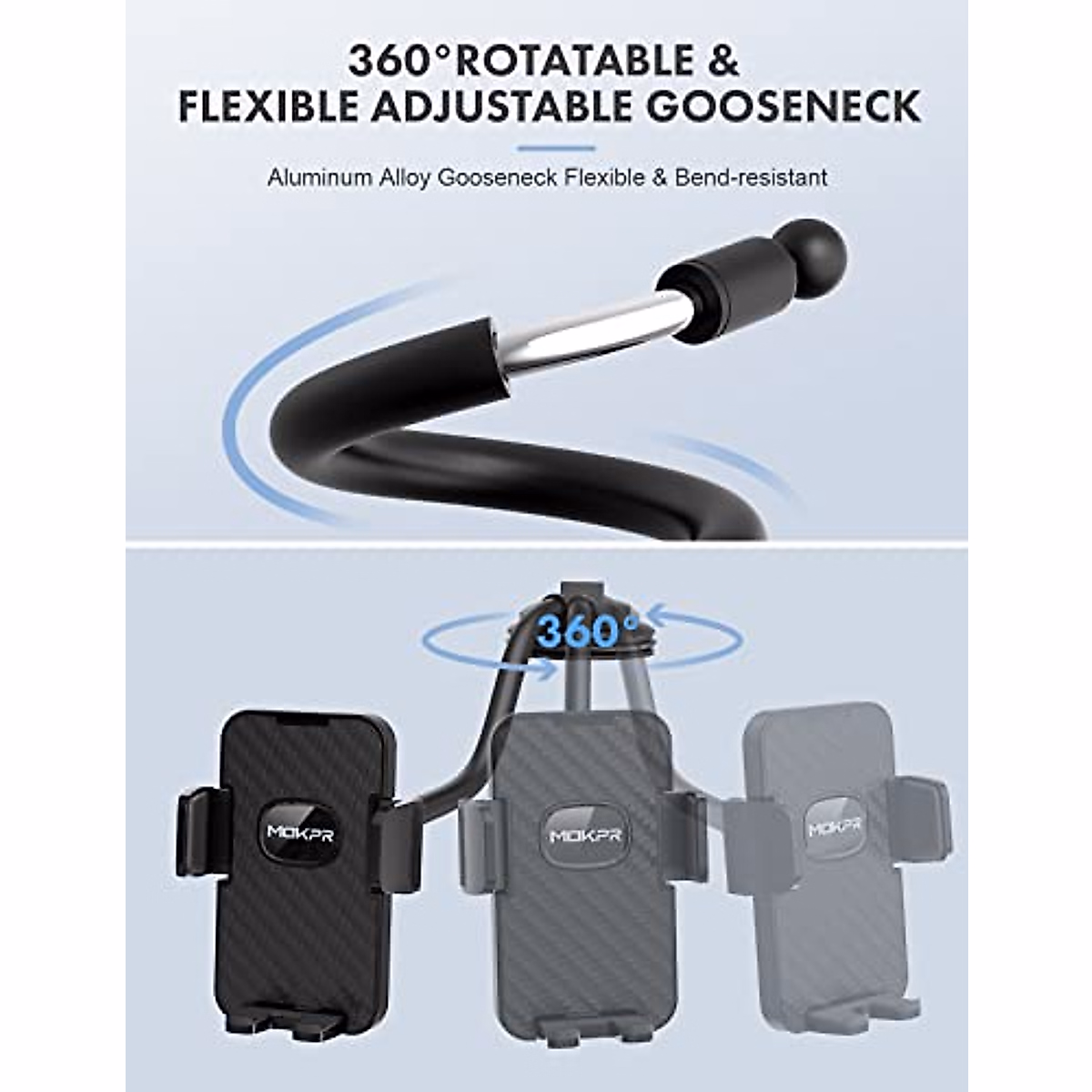 MOKPR Cell Phone Mount for Car, Car Phone Holder with Long Arm Dashboard Anti-Shake Stabilizer Phone Holder Compatible with iPhone, Android Phone etc