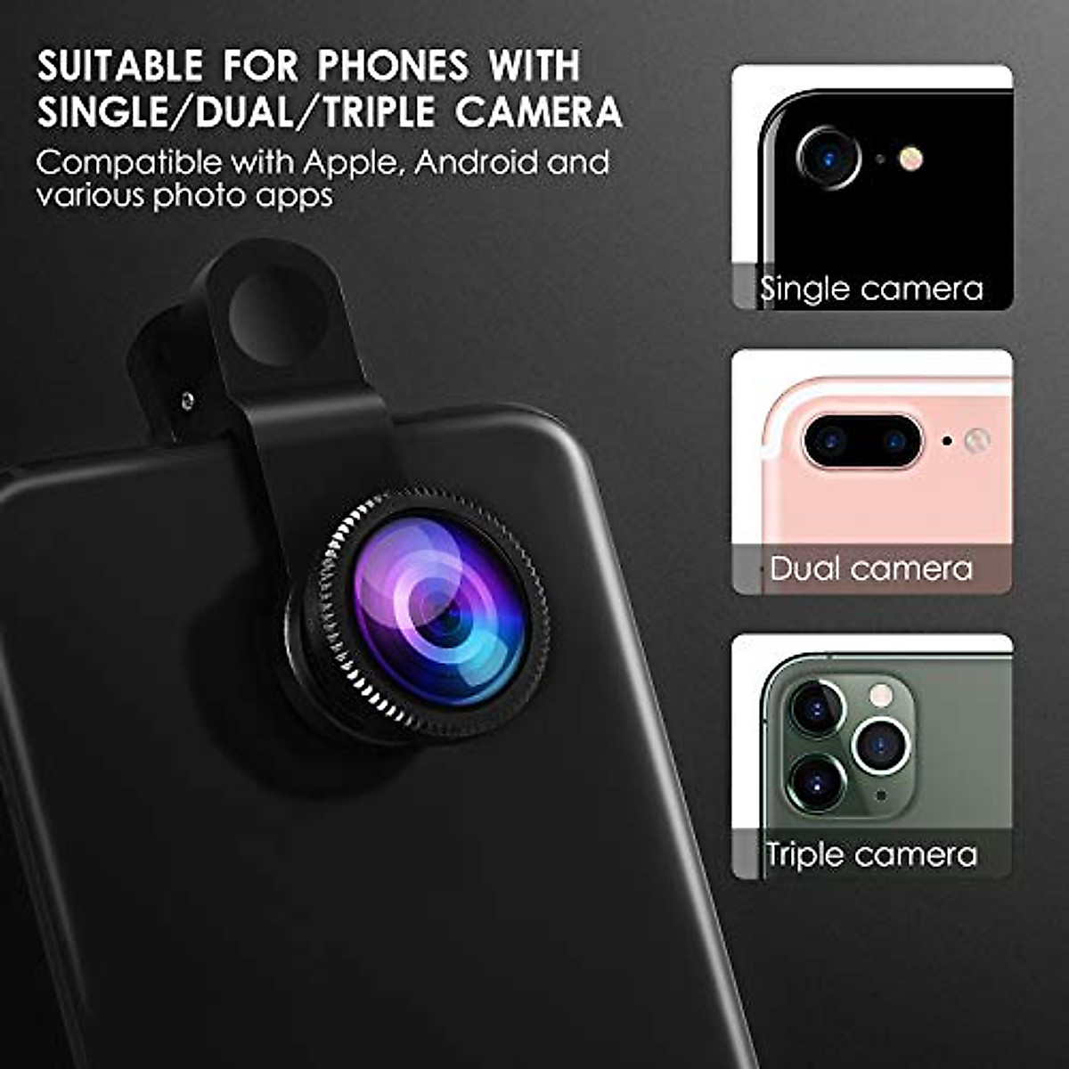 Hemobllo Portable Cell Phone Camera Lens Super Wide Angle Lens Macro Lens Fisheye Lens Clip on 3 in 1 Mobile Phone Lens Compatible for iPhone 6S/7/8/X (Black)