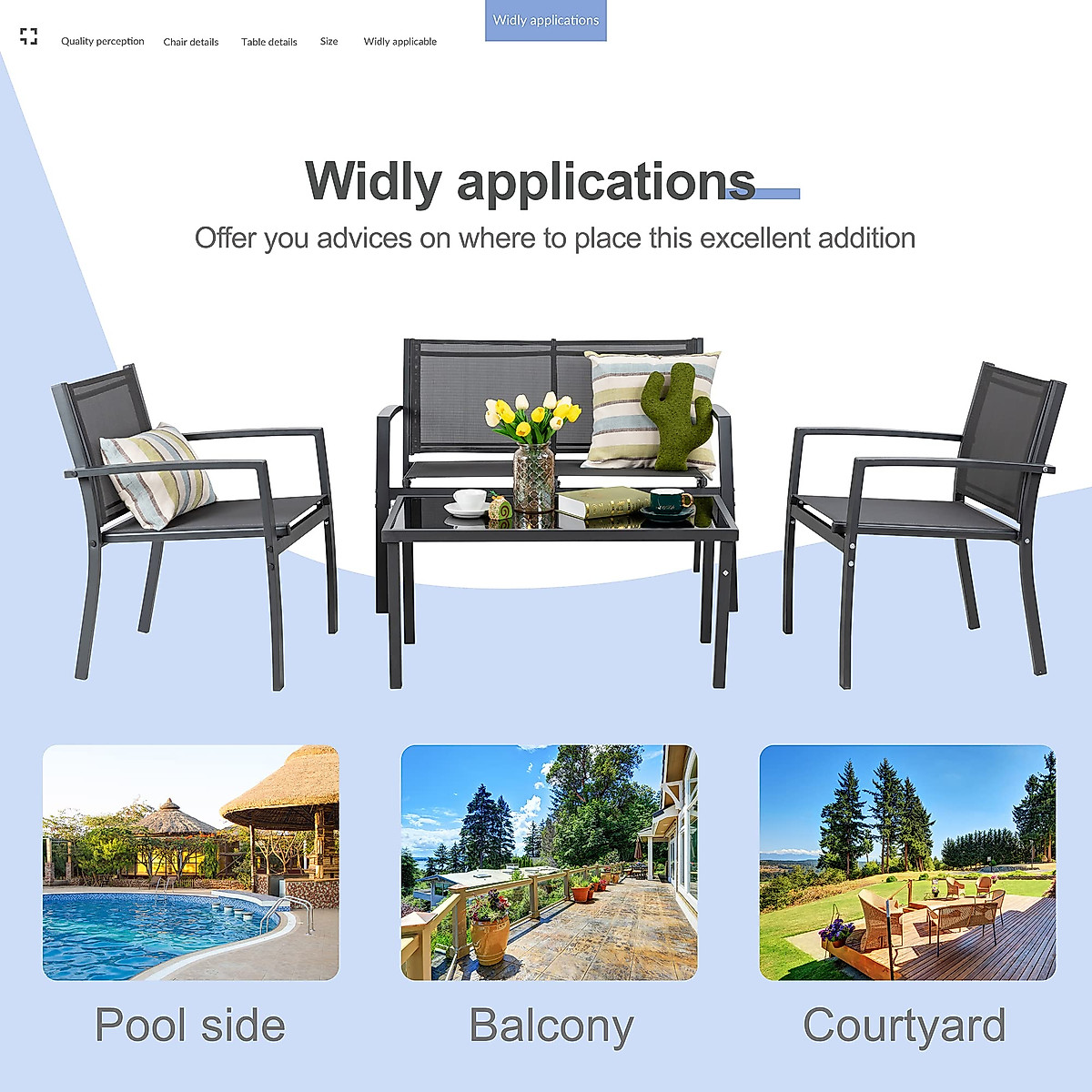 Meilocar 4 Pieces Patio Furniture, Textilene Metal Outdoor Furniture Set, Modern Conversation Set with Loveseat Tea Table, Small Outdoor Patio Chat Set for Backyard, Porch, Lawn and Balcony (Gray)