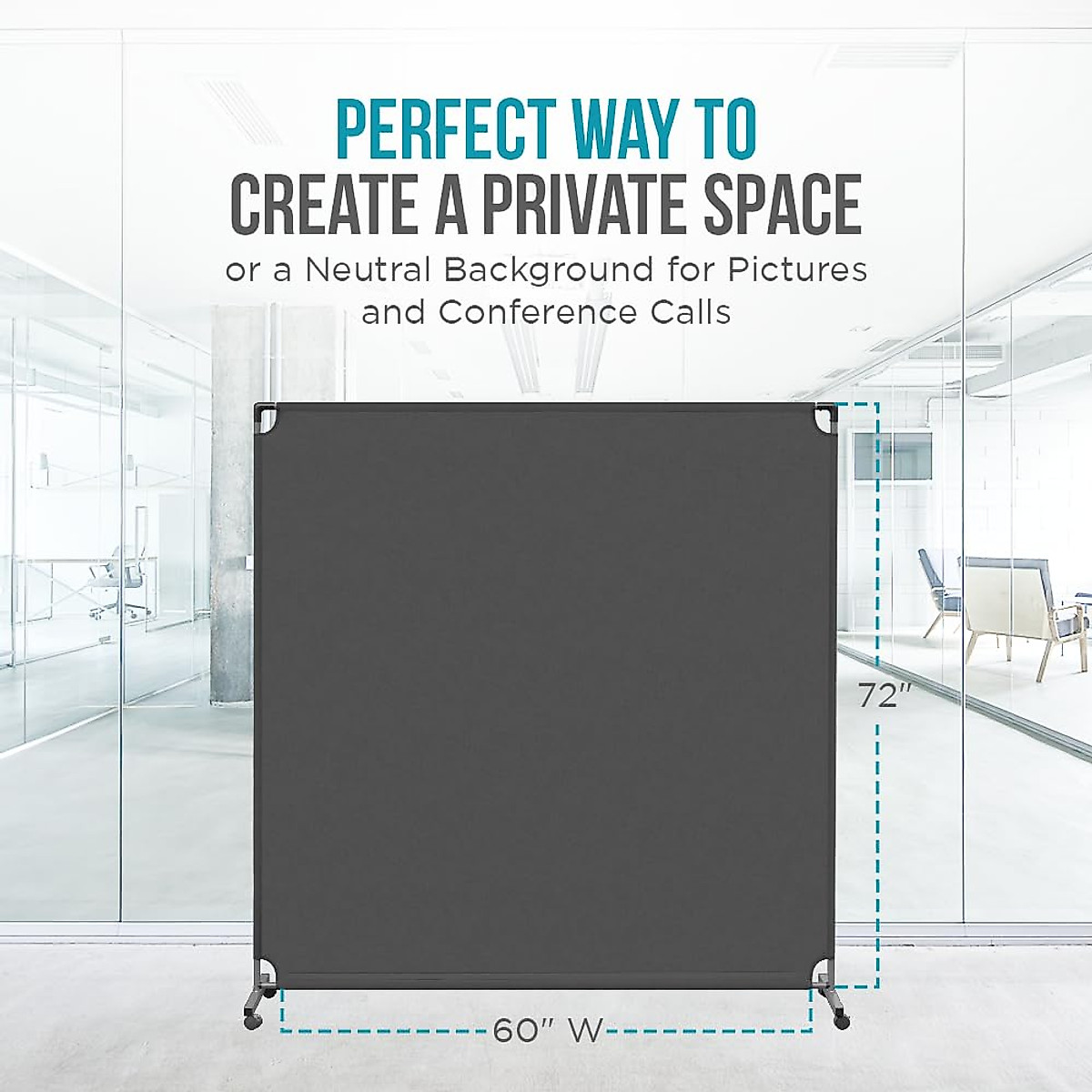 Steel-AID 60-inch Rolling Privacy Room Divider - Freestanding Office Wall Partition with Non See-Through Blackout Screen - Sturdy & Durable Iron Frame - Rolling Wheels - Black, White, Gray & Blue