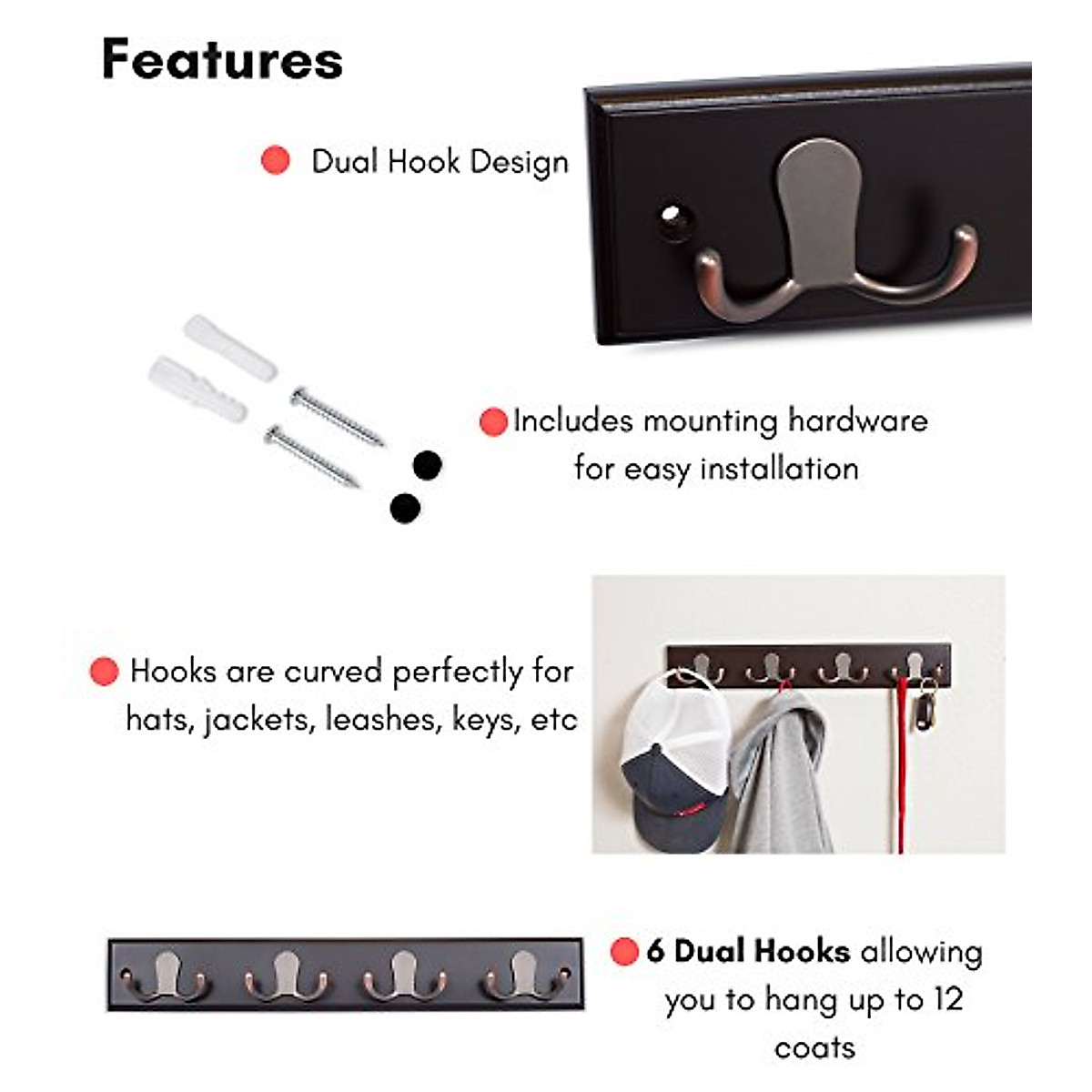 BirdRock Home Dual Hook Coat and Hat Rack - 4 Dual Hooks - 17 Inches - Wall Mount - Decorative Home Storage - Entryway Foyer Hallway Bathroom Bedroom Rail - Oil Rubbed Bronze Hooks - Dark Brown Pine B