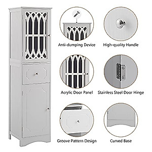 Merax Freestanding Linen Tower Bathroom Storage Cabinet with Adjustable Shelf, Drawer and 2 Doors, Tall Slim, 16.5" L x 14.2''W x 63.8''H, White