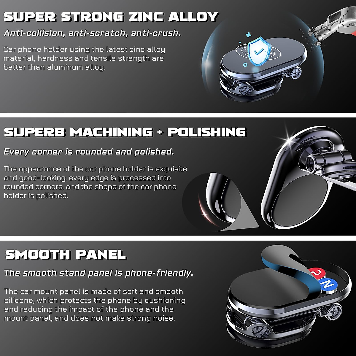 Car Phone Stand, DIPEQOBA Must-Have Alloy Folding Magnetic Cell Phone Mount, Stable Versatile Automobile Dashboard Holder With Dual 360° Rotation, Universal Hands Free Car Accessory for All Smartphone