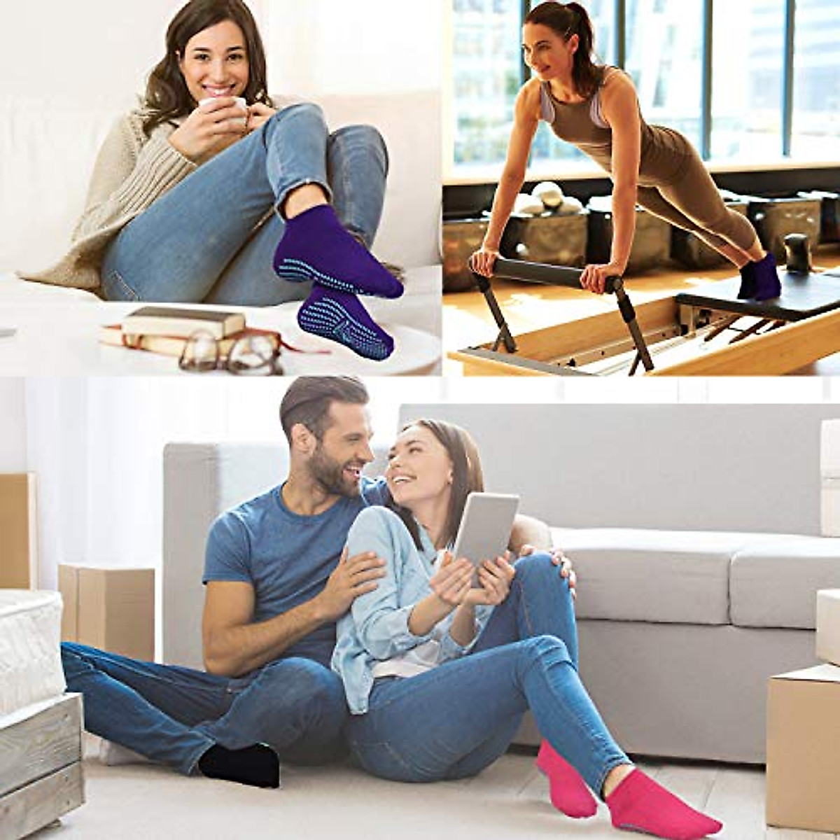 ELUTONG Pilates Yoga Non Slip Grips Socks 4 Pairs Sticky Ballet Workout Hospital Socks for Ladies