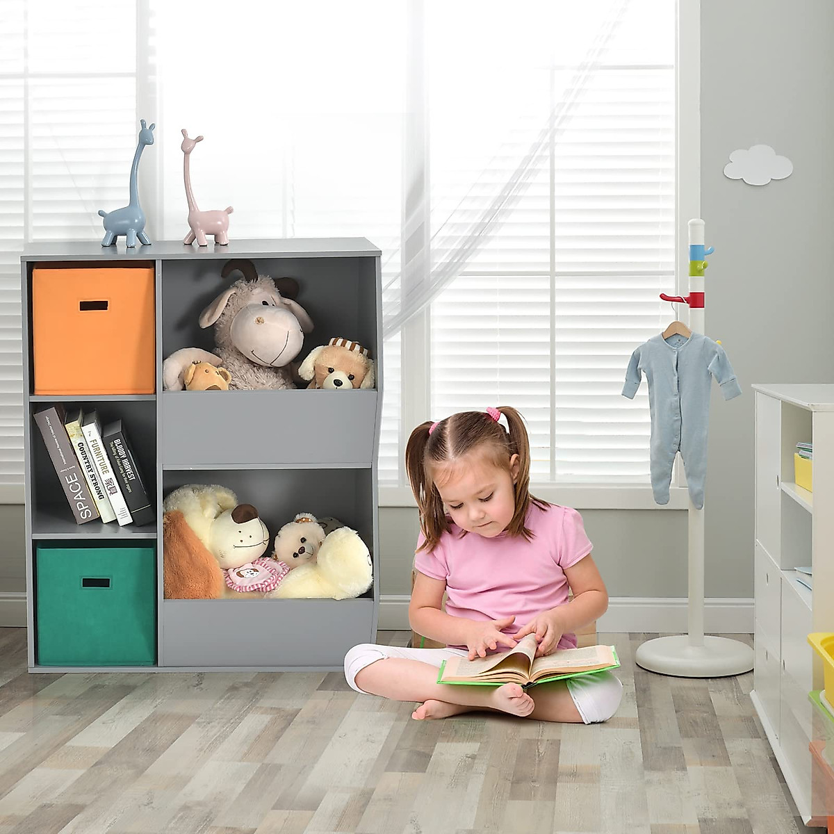 GLOBALWAY 5-Cube Kids Toy Storage Cabinet, Freestanding Children Bookcase w/ 2 Foldable Storage Bins, Open Multi-purpose Storage Display Organizer for Kids Room, Play Room, Hallway, Nursery