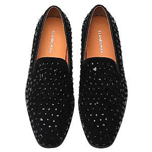 ELANROMAN Loafers Men Black Dress Fashion Tuxedo Rhinestones Slip-on Moccasins Wedding Shoes US 10.5