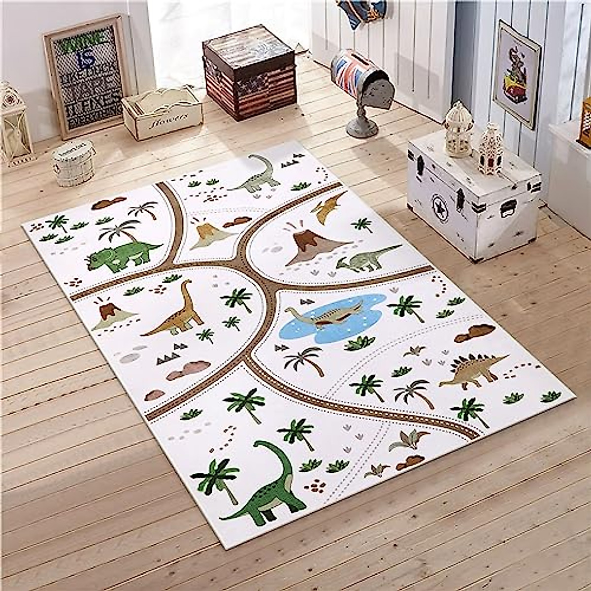 Lukinbox Kids Carpet Playmat Rug for Playroom, 4' x 6' Dinosaur Road Traffic Play Mat for Bedroom, Large Non-Slip Washable Children Nursery Area Rugs Baby Crawling Mat for Kids Room Safe Area
