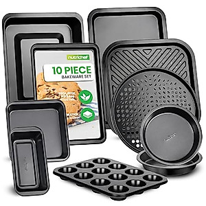 NutriChef 10-Piece Non-Stick Baking Pans Set - Deluxe Carbon Steel Bakeware Set w/ Cookie Sheets, Muffin Pan, Roasting Pan, Cake Pan, Baking Tray, Pizza Pan - Nonstick & Dishwasher Safe, Black