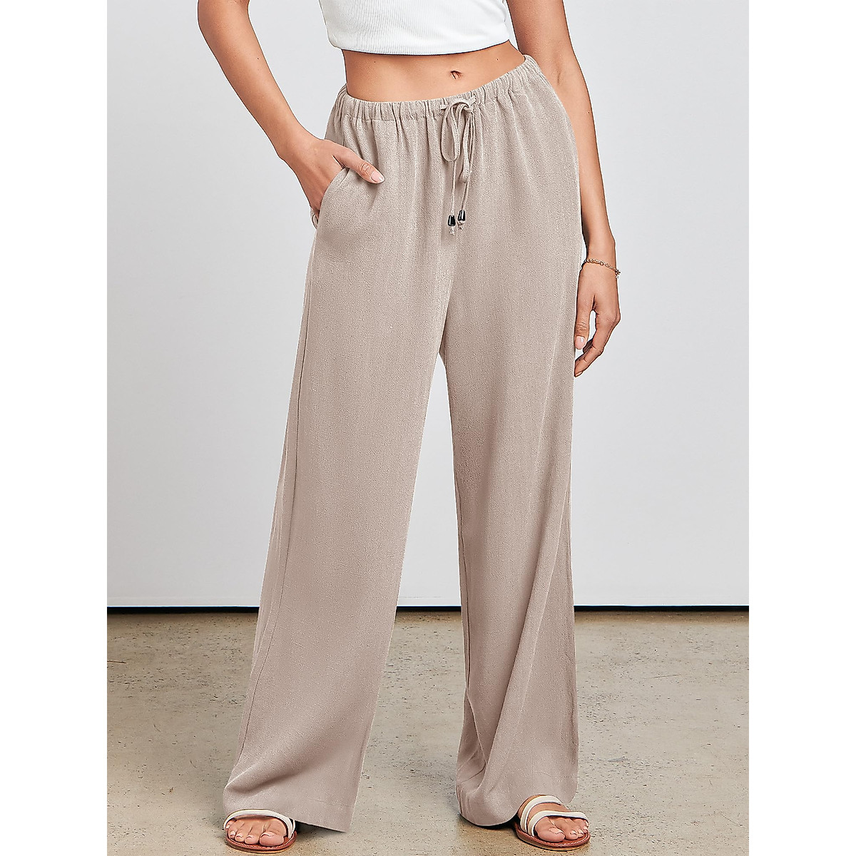 ANRABESS Women's Linen Summer Palazzo Pants Elastic Waist Casual Beach Trendy Wide Leg Trousers with Pockets Large Light Khaki