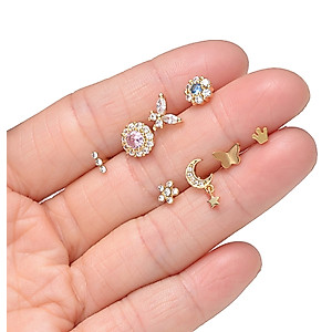 Tornito 16Pcs Dangle Hoop Nose Ring L Shape Nose Stud CZ Butterfly Flower Leaf Dangle Heart Moon Crown Nose Ring Nostril Piercing Jewelry for Women Gold Tone 20G