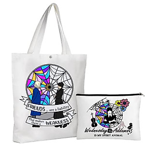 Hymik 2 Pcs Addams Movie Tote Bag and Makeup Bag, Wednesday Fans Gift Wednesday AD Is My Spirit Animal Makeup Accessories Zipper Pouch Girls Pencil Case Women Handbags Purses
