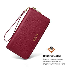 FOXLOVER Leather Zip Around Wallets for Women, Genuine Leather RFID Blocking Gift Box Packing 17 Card Slots Ladies Long Purses with Zipper Coin Pocket Women's Clutch Wallets with Wristband (Blue)