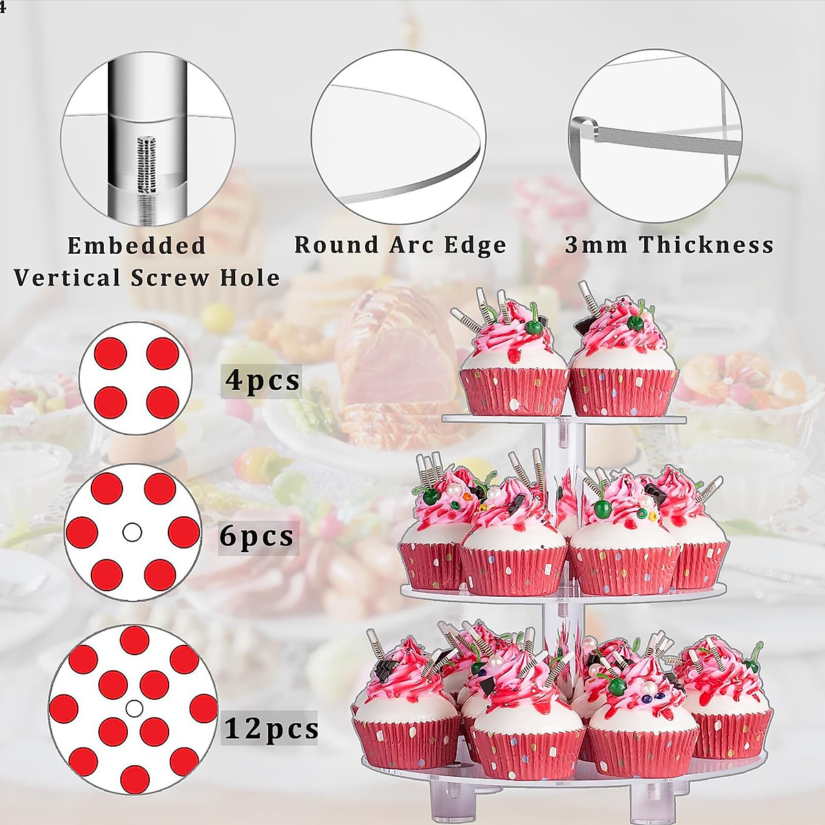 3 Tier Cake Stands, Bhbuy Transparent Round Acrylic Macaron Multifunction Display Cupcake Stands for Wedding Christmas Birthday Party Bakery Decor