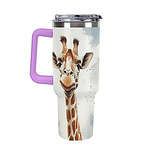 LLUTSNTH 40 Oz Vacuum Tumbler with Violet Handle Leakproof Insulated Tumbler Giraffe Stainless Steel Travel Mug with Lid And Straw Coffee Cup Cute Water Bottles Cup Holder Friendly