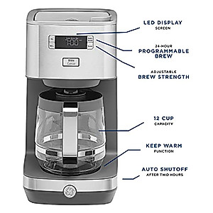 GE Drip Coffee Maker With Timer | 12-Cup Glass Carafe Coffee Pot With Warming Plate | Adjustable Brew Strength | Wide Shower Head for Maximum Flavor | Kitchen Essentials | Stainless Steel