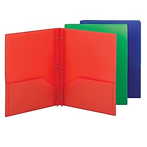 Smead Poly Two-Pocket Folder, Three-Hole Punch Prong Fasteners, Letter Size, Assorted Colors, 3 per Pack (87737)