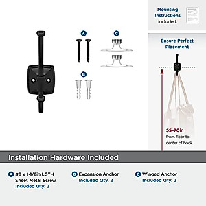 Amerock H37002MB | Kinsale Double Prong Decorative Wall Hook | Matte Black Hook for Coats, Hats, Backpacks, Bags | Hooks for Bathroom, Bedroom, Closet, Entryway, Laundry Room, Office