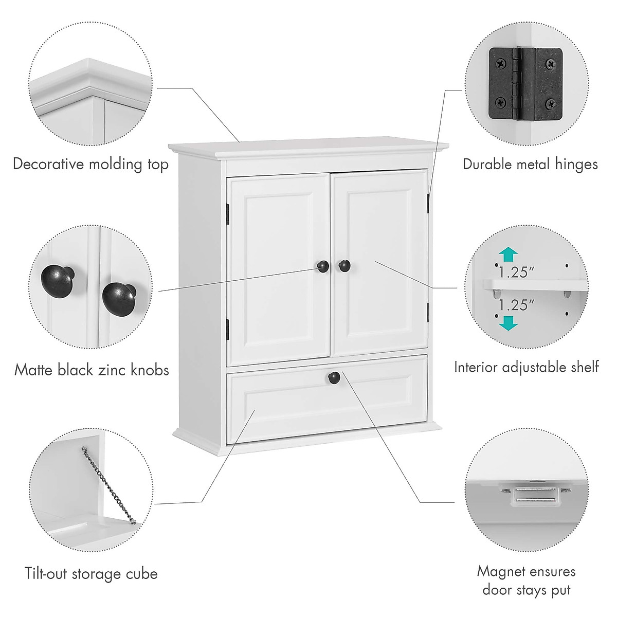 Spirich Bathroom Cabinet Wall Mounted, Small Bathroom Wall Cabinet Over Toilet, Medicine Cabinet Organizer with Doors and Adjustable Shelf, White