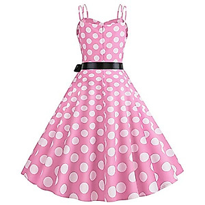 ABAFIP Women's 50s 60s Vintage Sleeveless Sling Strap Polka Dot A-Line Swing Cocktail Party Wedding Bridesmaid Summer Beach Tea Dresses Pink X-Large
