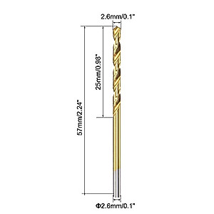 uxcell High Speed Steel Straight Shank Twist Drill Bit Fully Ground Titanium Coated 2.6mm Drill Diameter 57mm Total Length 25mm Drill Bit Length 12 Pcs