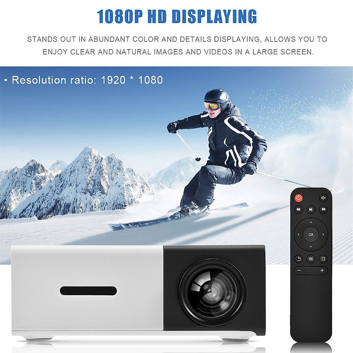 Mini LED Projector , Mini Private Home Theater Portable LED Projector Support 1080P HD HDMI Multimedia Player Clear Stereo Sound for Outdoor Recreation , Entertainment Venues Black White