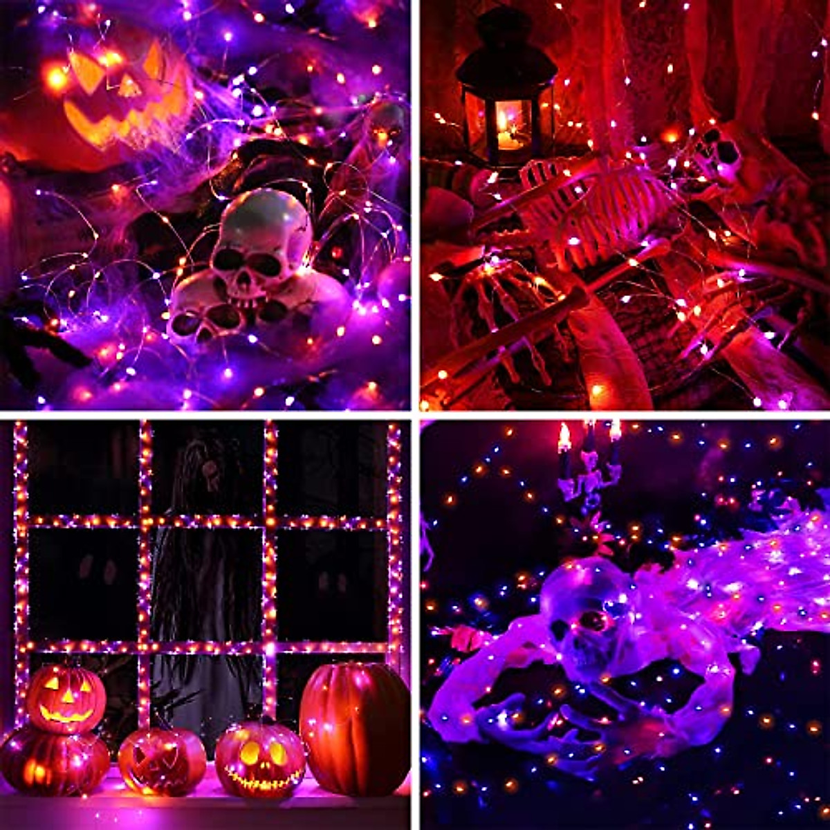 Purple and Orange Halloween Lights Solar String Lights Outdoor, 2 Pack 80FT 200LED Solar Twinkle Lights Outside Waterproof, Copper Wire 8 Modes Solar Halloween Lights for Halloween Decoration Outdoor