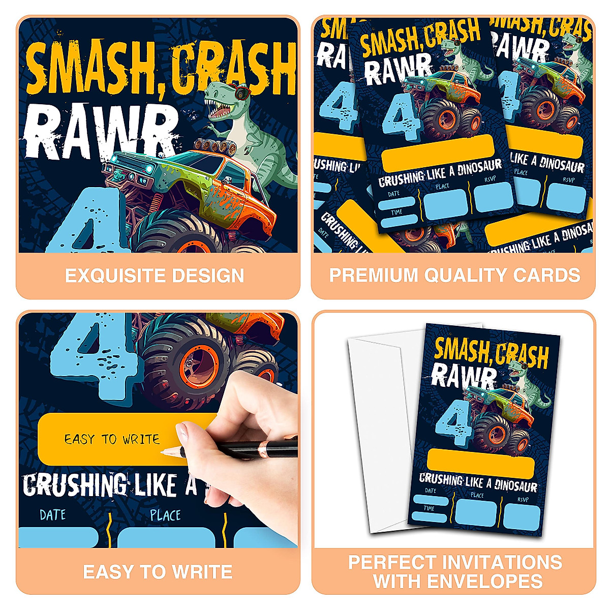 YQV Dinosaur Truck 4th Birthday Party Invitations, 20-Count Dinosaur Birthday Party Invites With Envelopes-HBYQK-B29