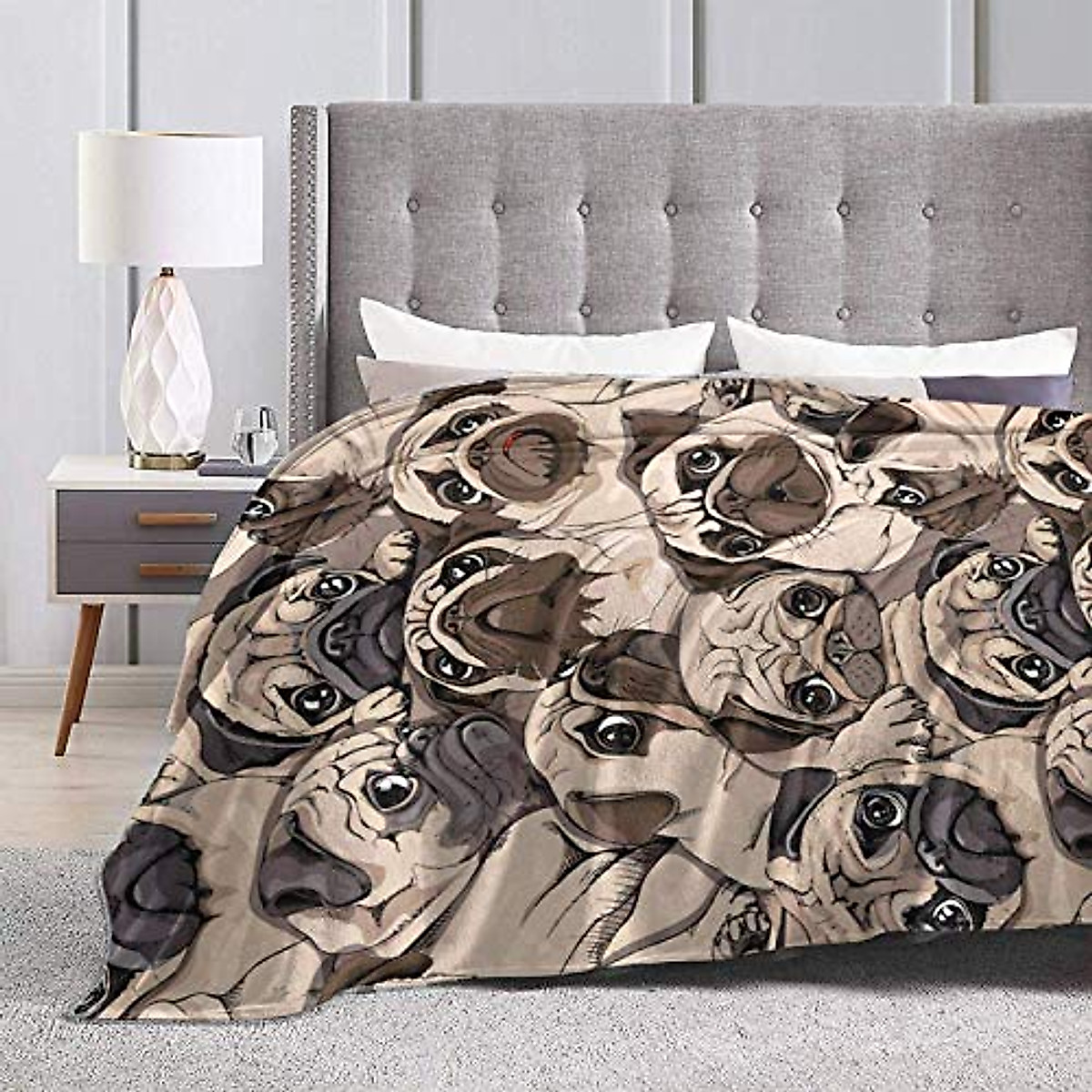 Puppies Pug Dog Soft Throw Blanket All Season Microplush Warm Blankets Lightweight Tufted Fuzzy Flannel Fleece Throws Blanket for Bed Sofa Couch 60"x50"